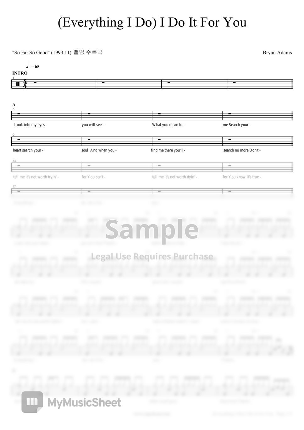 Bryan Adams - (Everything I Do) I Do It For You 악보 by COPYDRUM