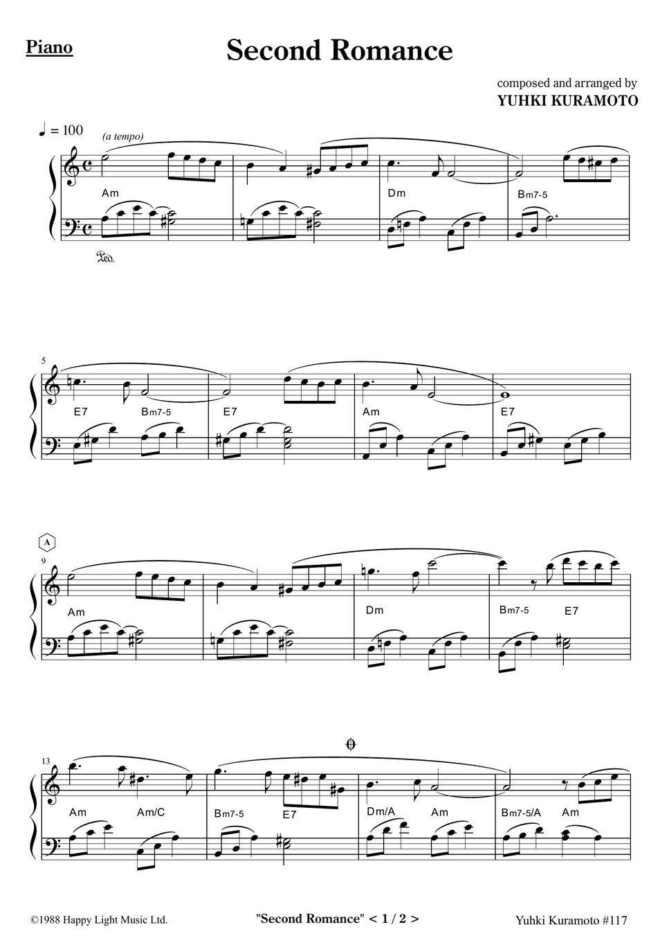 Yuhki Kuramoto - Second Romance (Easy Ver.) 楽譜 by Yuhki Kuramoto