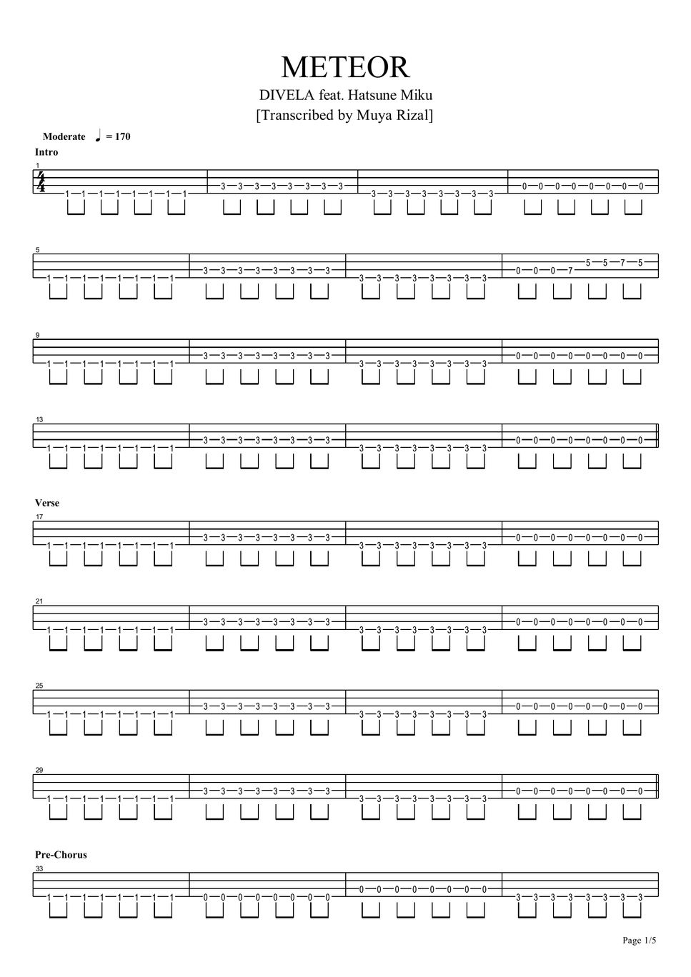 DIVELA - METEOR (Bass TAB) แผ่น by Muya
