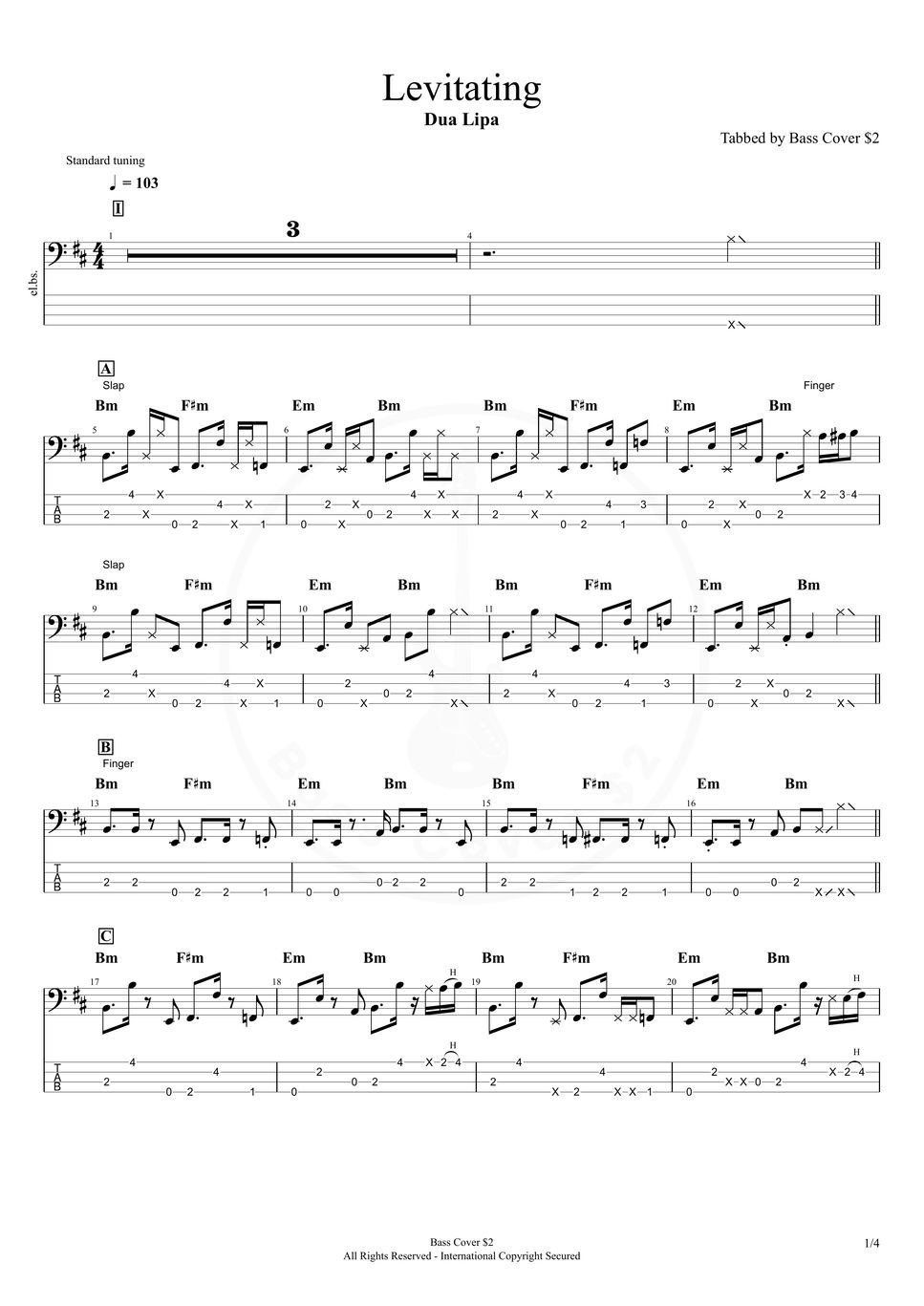 Dua Lipa - Levitating Tab + 1staff by Bass Cover $2