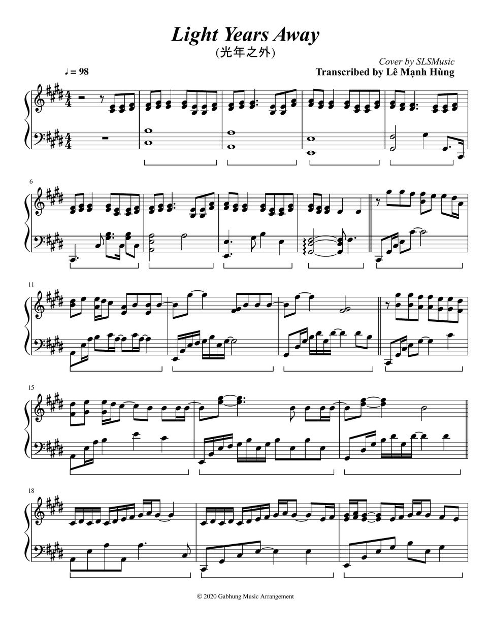 Cover by SLSMusic - LIGHT YEARS AWAY (光年之外) (Transcribed) Partitura by Le Manh Hung