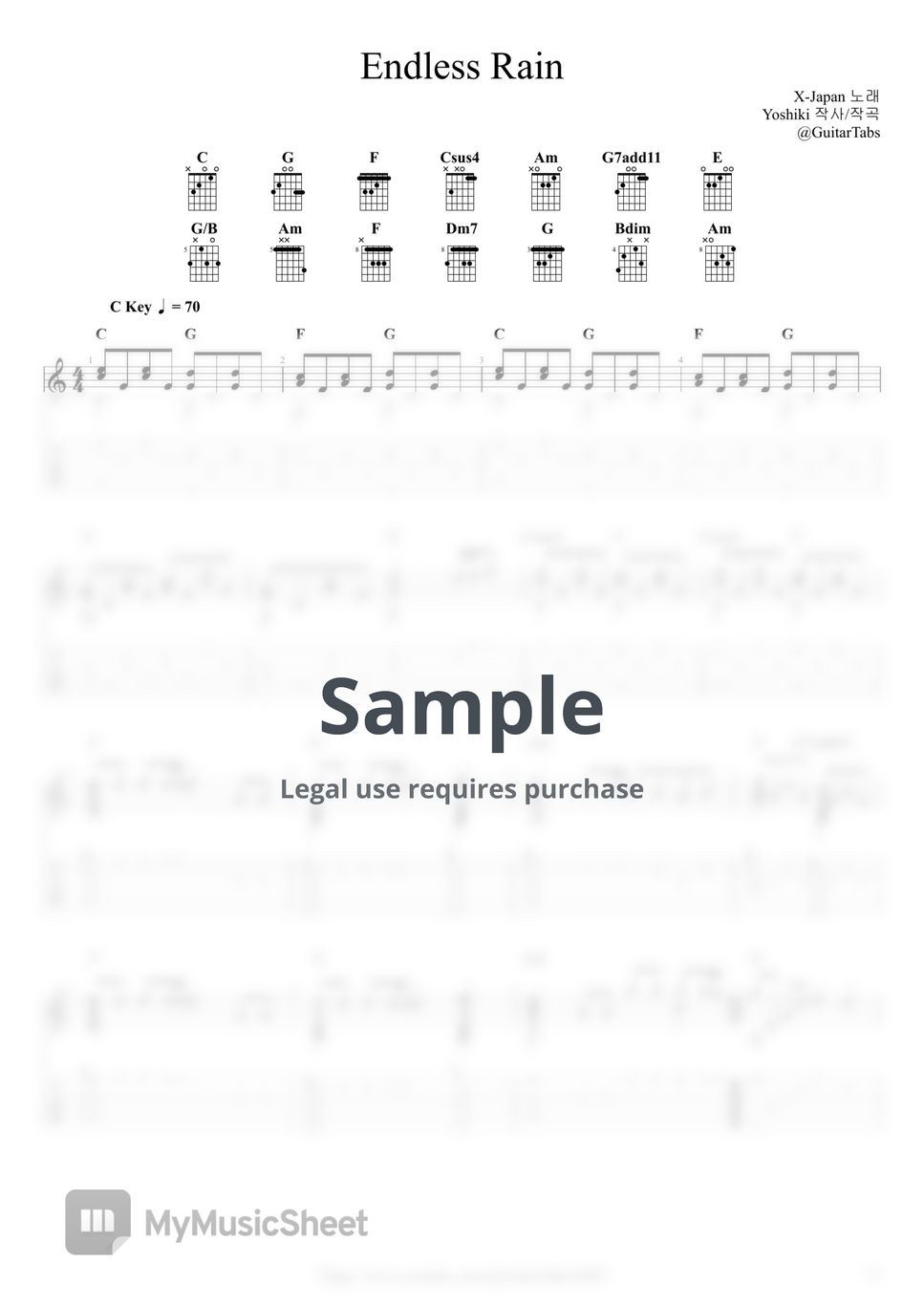 X Japan - Endless Rain (C Key / Easy TAB / Solo) TAB+1 Staff by 624 TABs