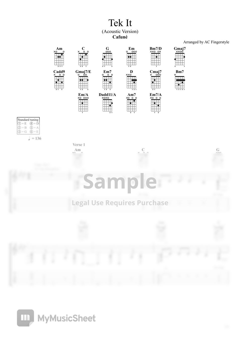 Cafune - Tek It (Acoustic Version) Tab + 1staff by AC Fingerstyle