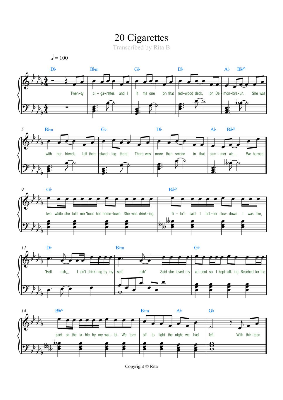 Morgan Wallen - 20 Cigarettes (lyrics/chords) Sheet Music by Rita B