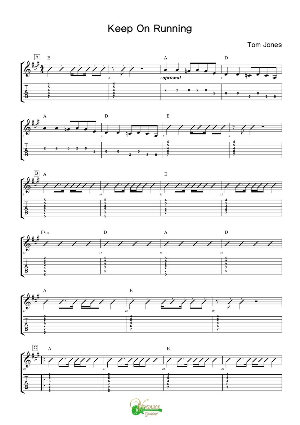 Tom Jones - Keep On Running Tab + 1staff by 빈사마기타나라