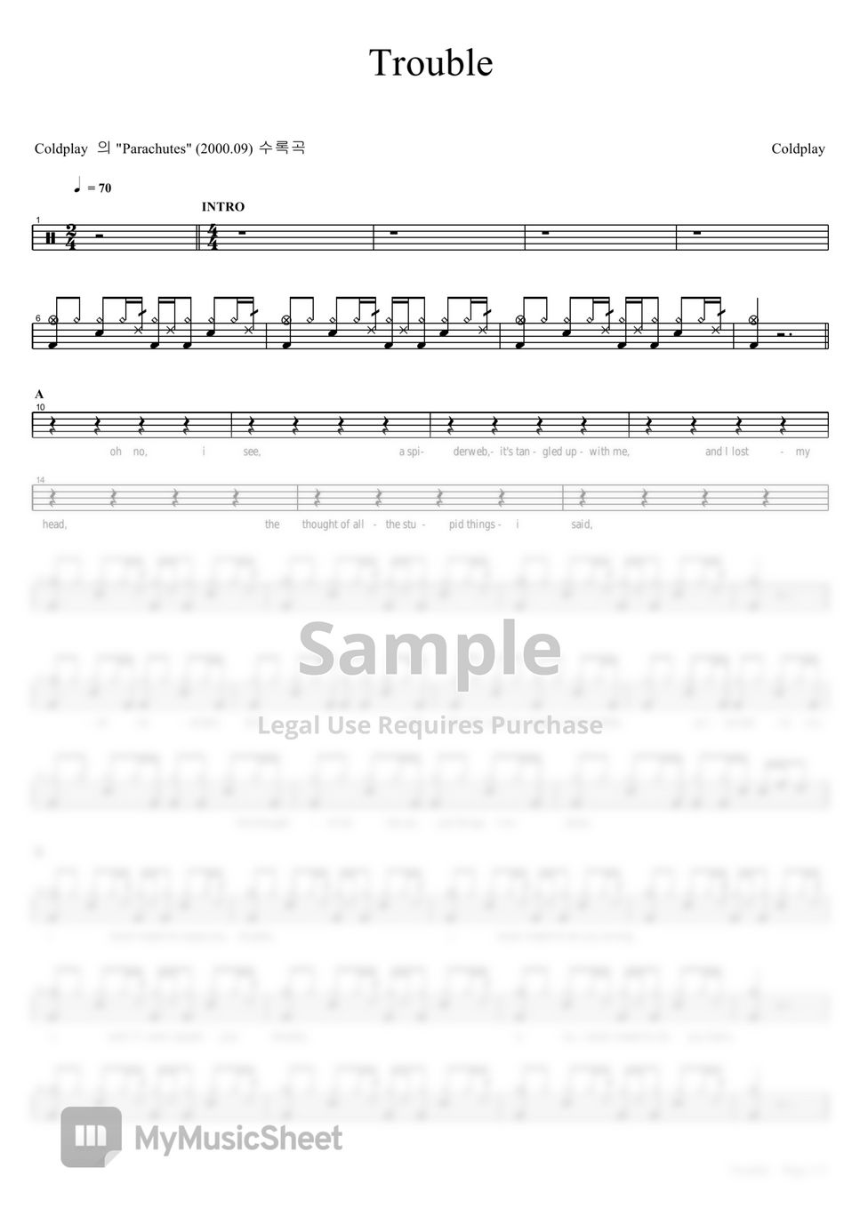 Coldplay - Trouble Sheet Music by COPYDRUM
