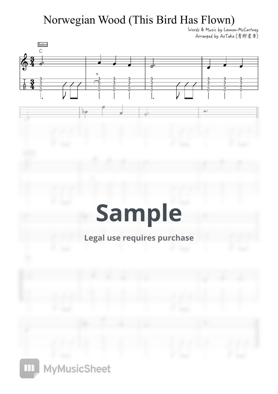 Beatles - Norwegian Wood Tab + 1staff by Takayuki Aoyagi