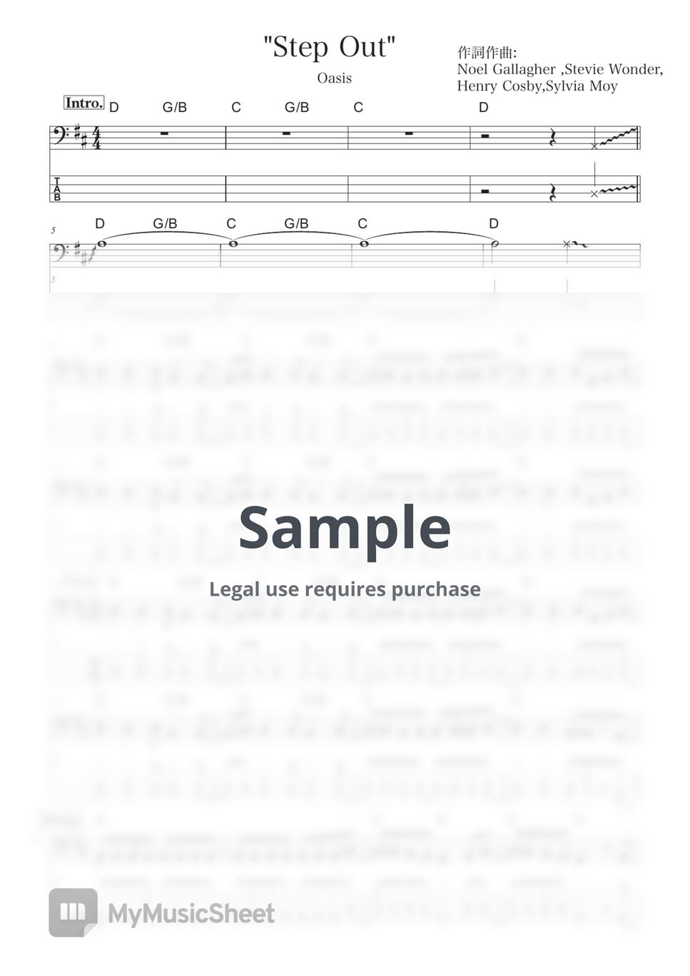Oasis - Step Out (ベース譜/五線譜＆TAB譜の2段譜・コード付き) Sheet Music by きどりん