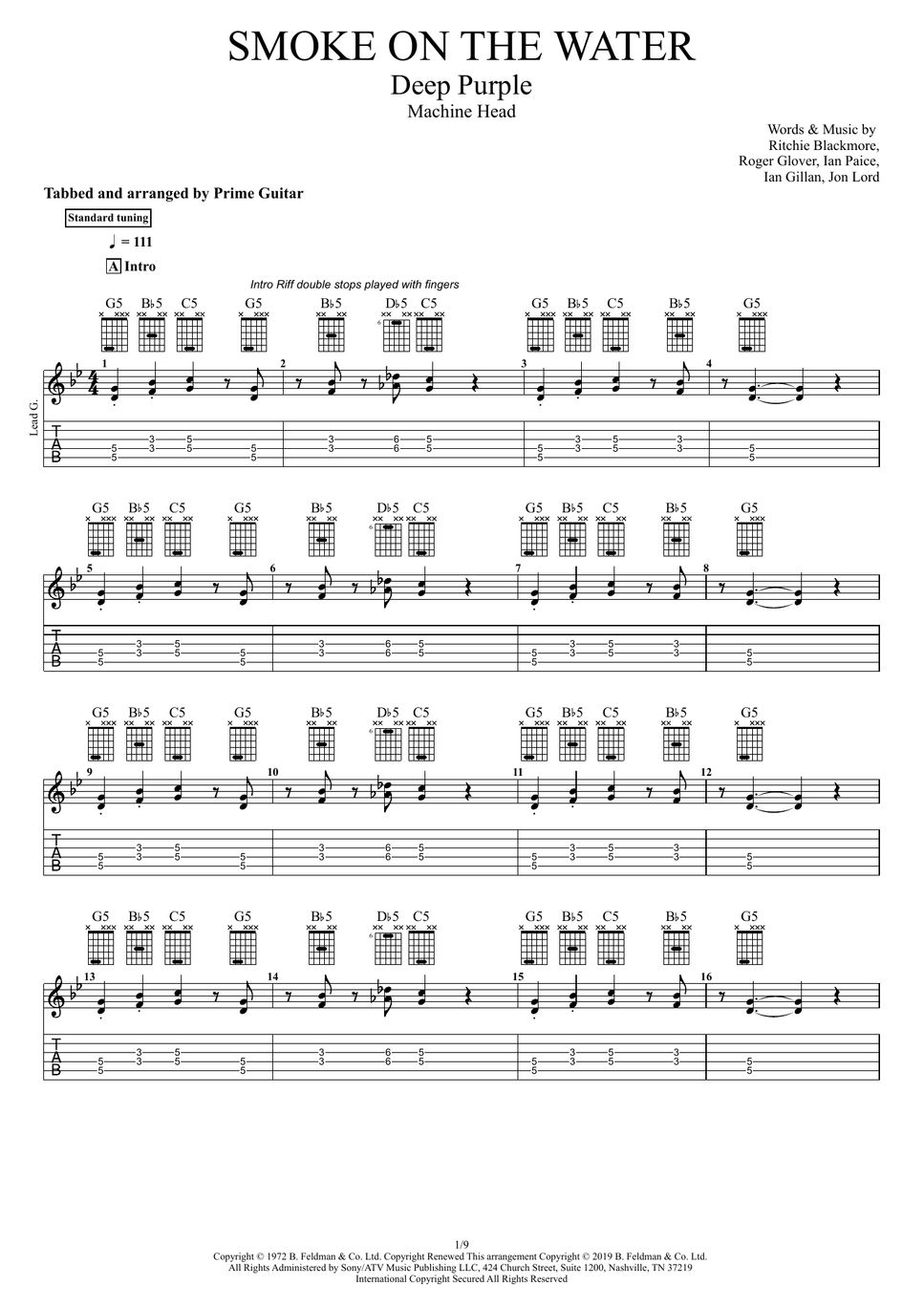 Deep Purple - Smoke on the water (PDF Tab) TAB+1 Staff by Prime Guitar