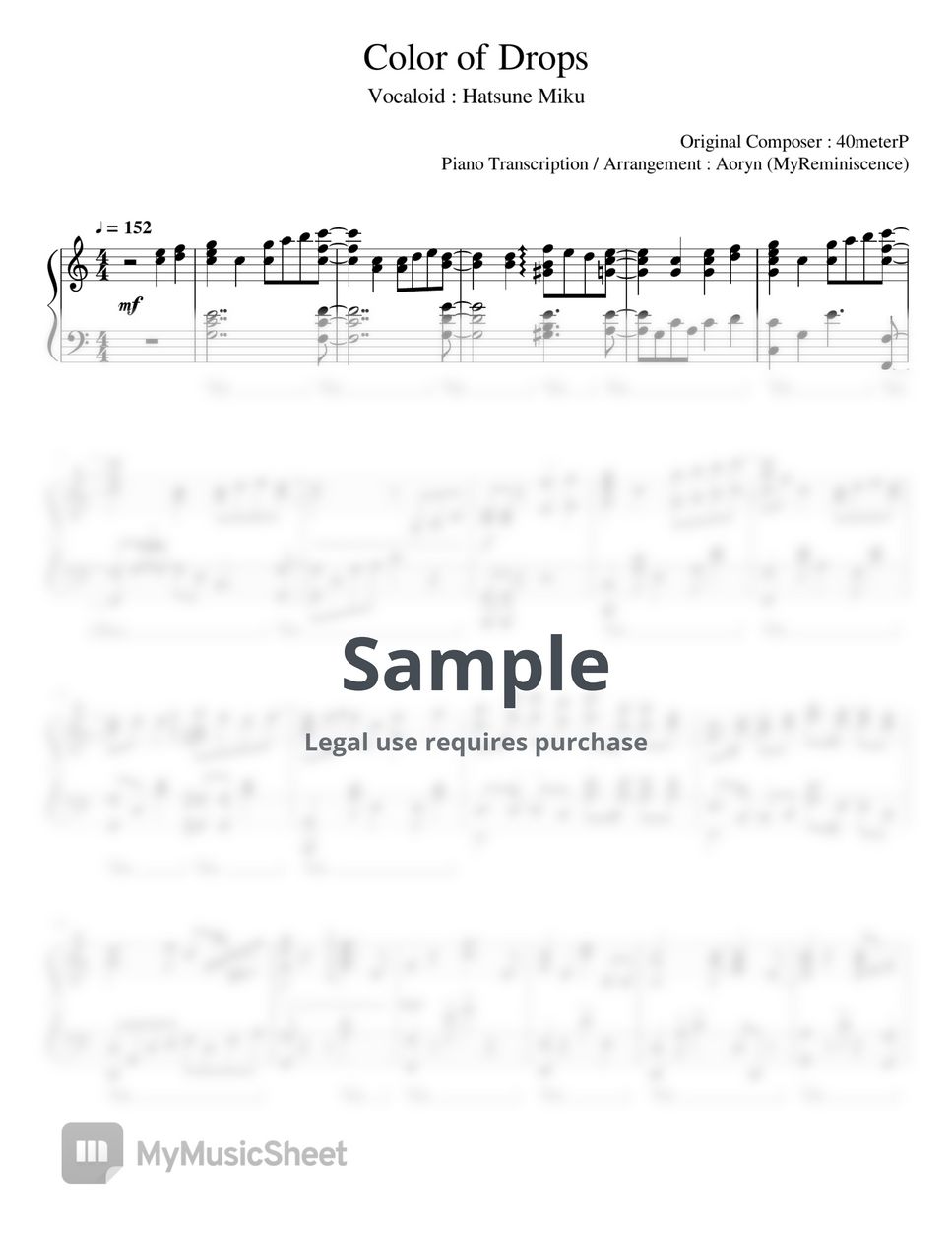 40meterP - Color of Drops (Vocaloid : Hatsune Miku) Sheet Music by ...