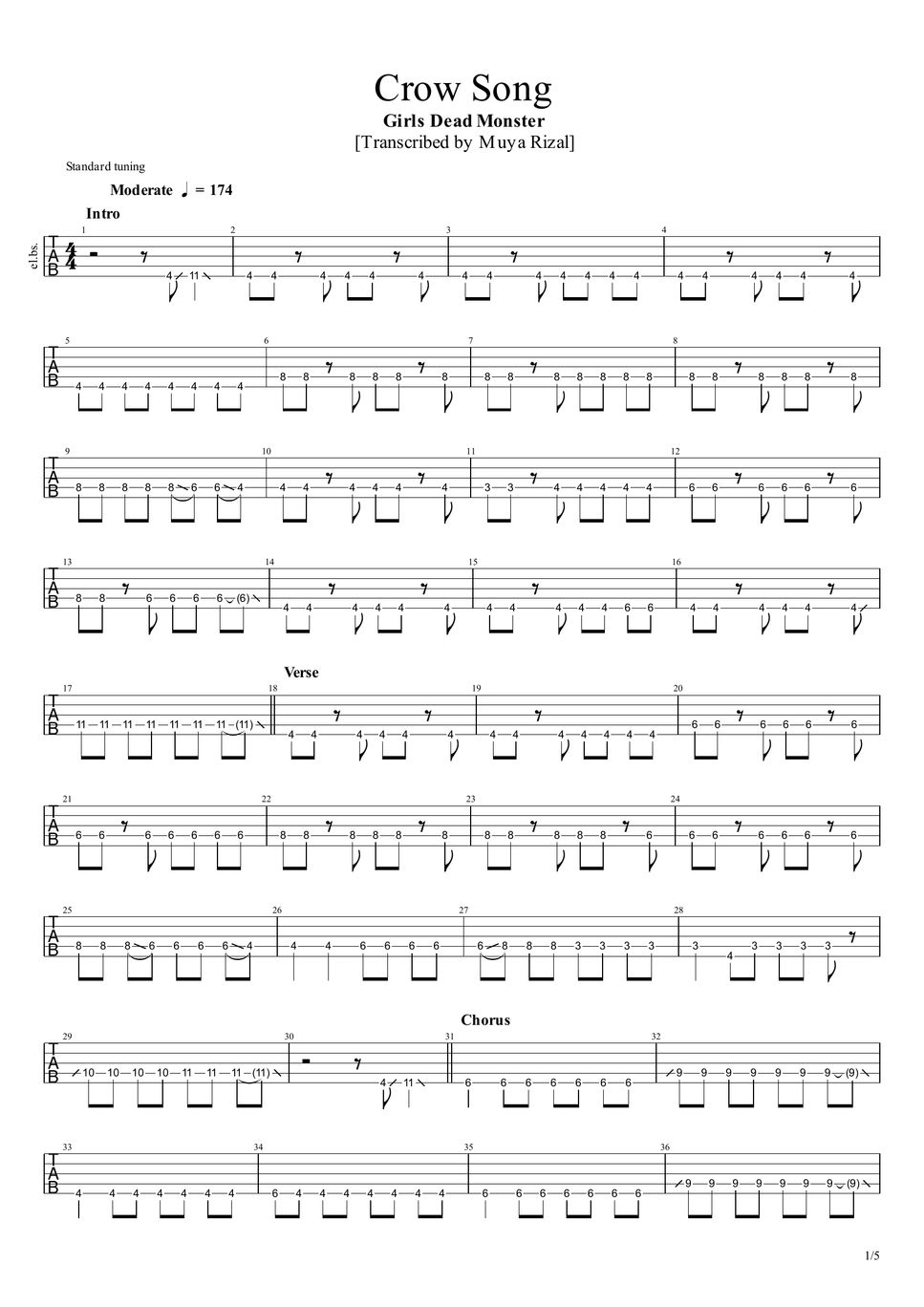 Girls Dead Monster - Crow Song (Bass TAB) 악보 by Muya