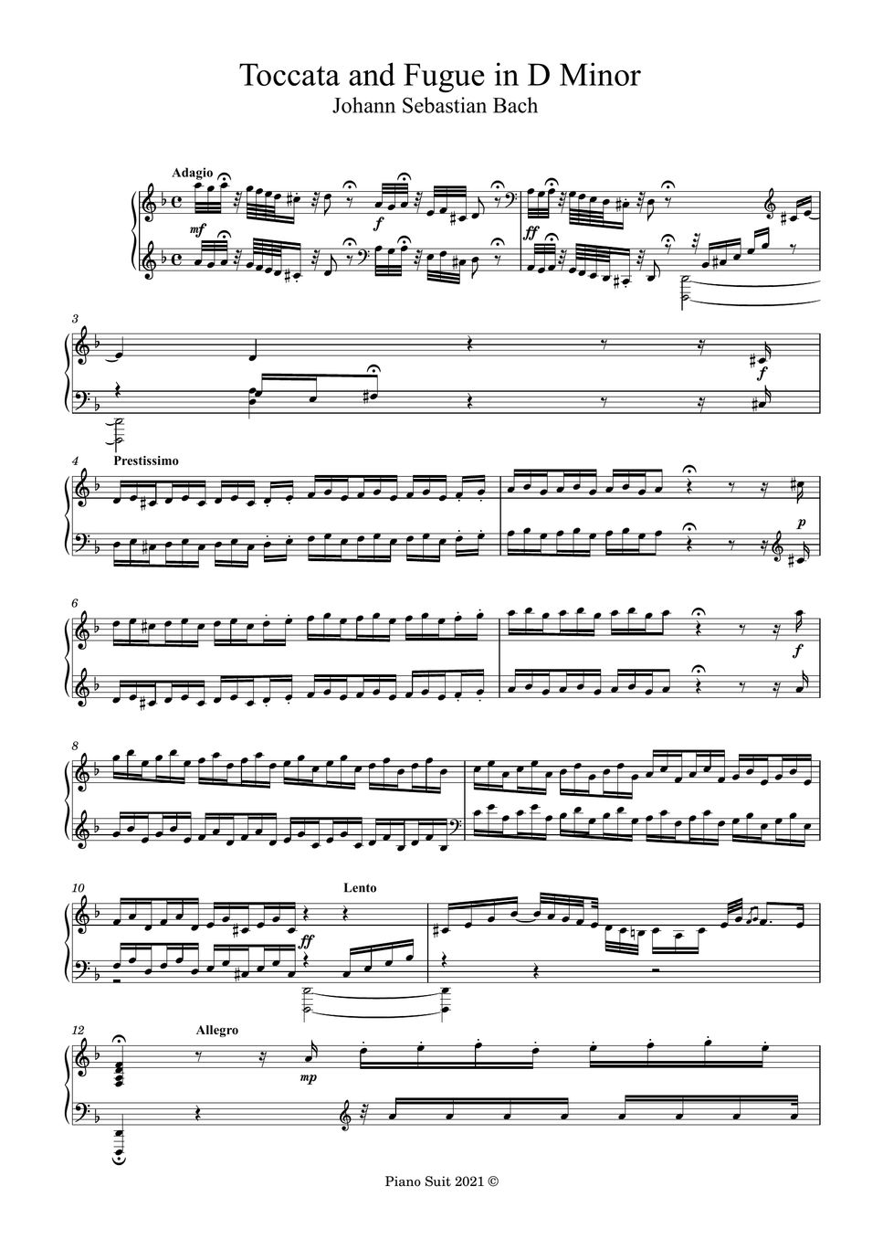 J.S.Bach - Toccata and Fugue in D Minor Sheets by Piano Suit