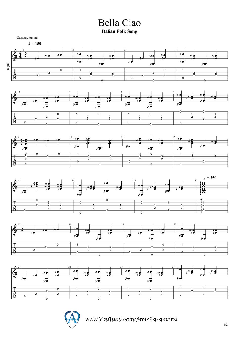 Italian folk song - BELLA CIAO Sheet by Amin Faramarzi