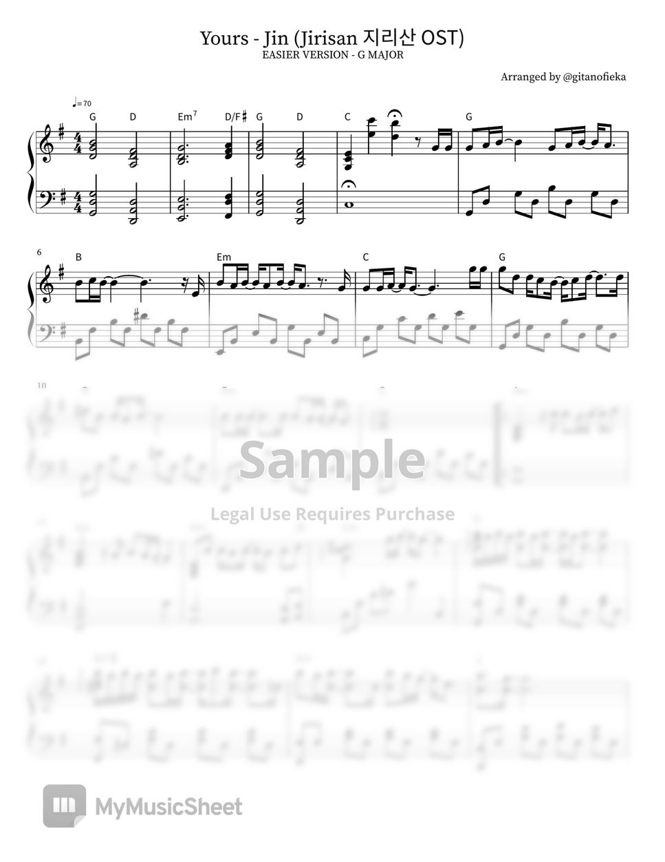 JIN BTS - Yours (Jirisan 지리산 OST) - EASIER VERSION Sheets by Gita Nofieka Dwijayati