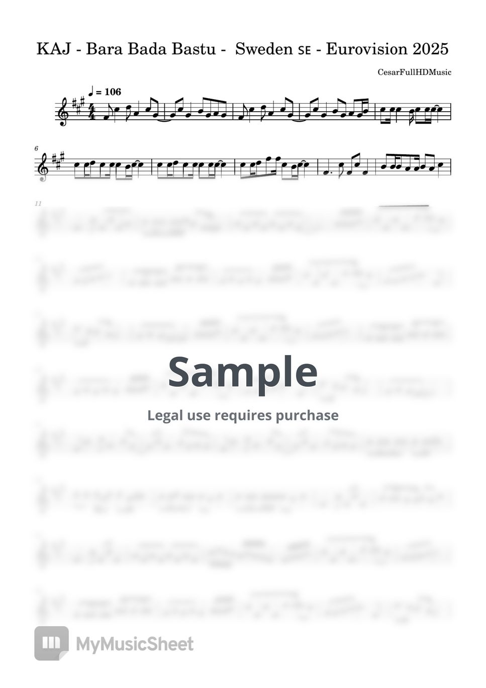 KAJ - Bara Bada Bastu - Sweden 🇸🇪 - Eurovision 2025 Sheet Music