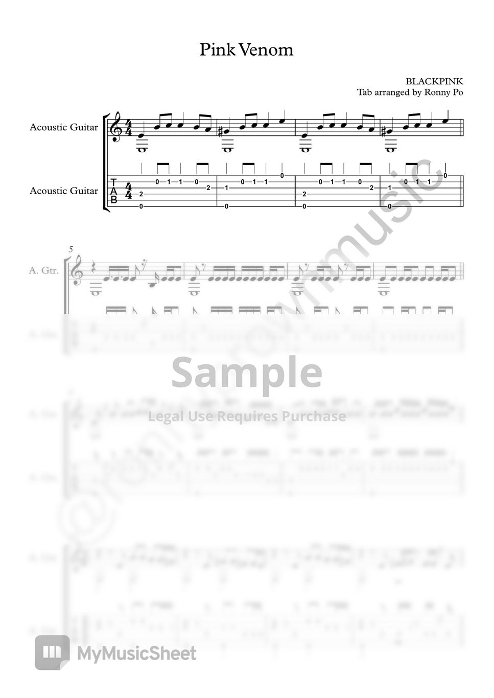 Blackpink - Pink Venom (Guitar Fingerstyle) Tab + 1staff by Ronny Po