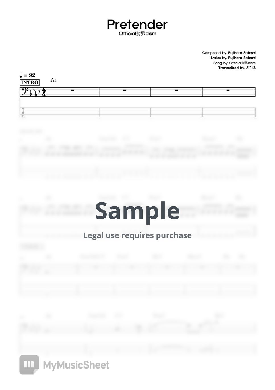 Official髭男dism - Pretender (베이스 / 코드 포함 / +타브 악보) TAB+1 Staff by 온하음