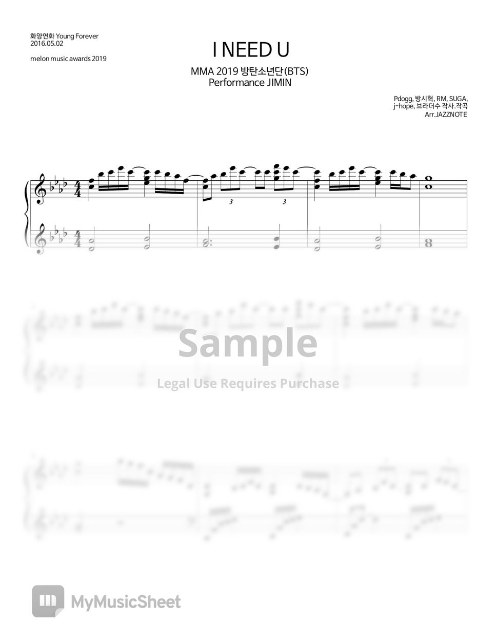 BTS - I NEED U (2019 MMA (JIMIN solo)) Sheet Music by JAZZNOTE