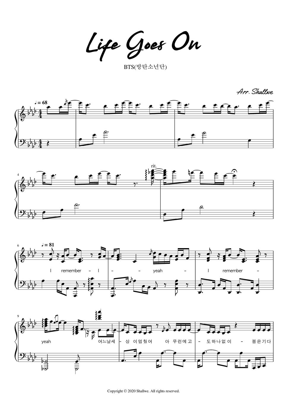 BTS - Life Goes On(Ab key) Sheet by Shallwe