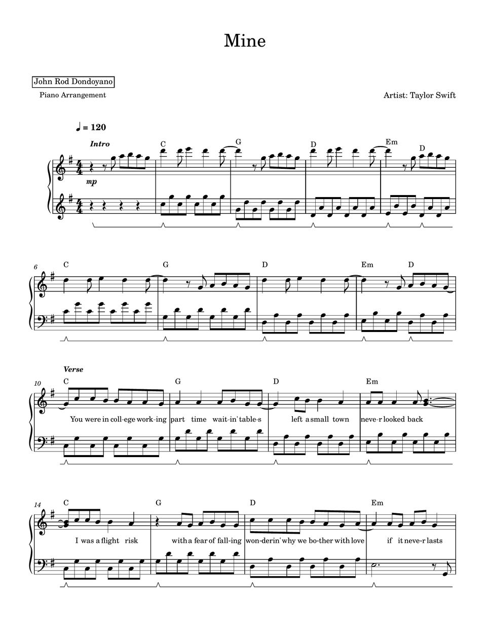 Taylor Swift Mine Piano Sheet Sheets By John Rod Dondoyano