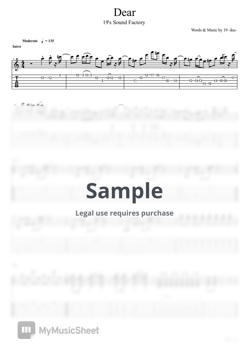 19's Sound Factory - dear【guitar TAB/lead part】 TAB+1 Staff by ...
