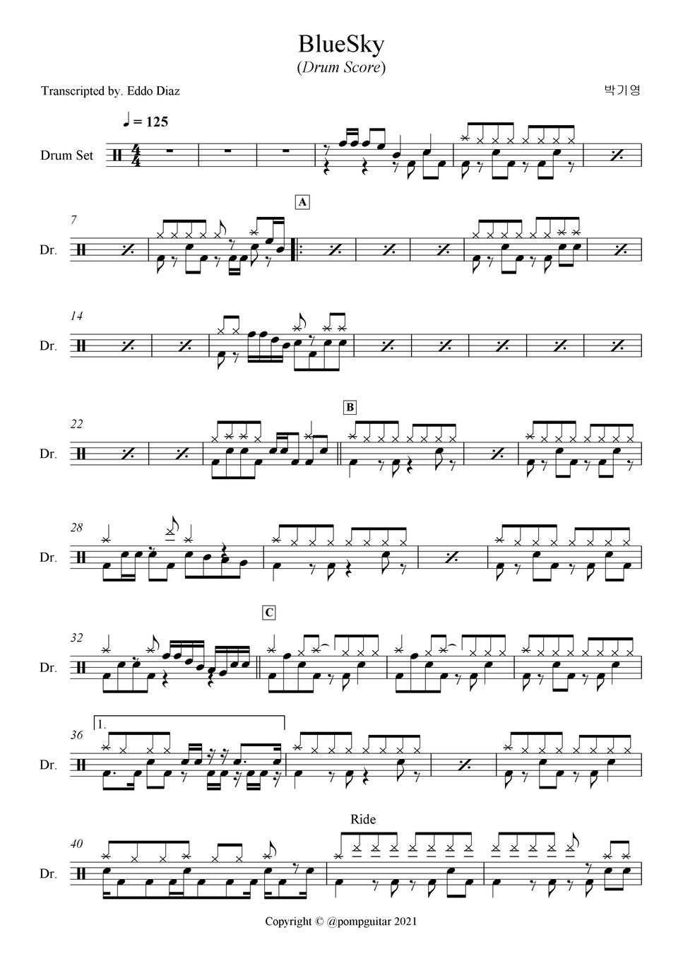 박기영 - Blue Sky (Drum) Sheets by TaeHyun Taylor Lee