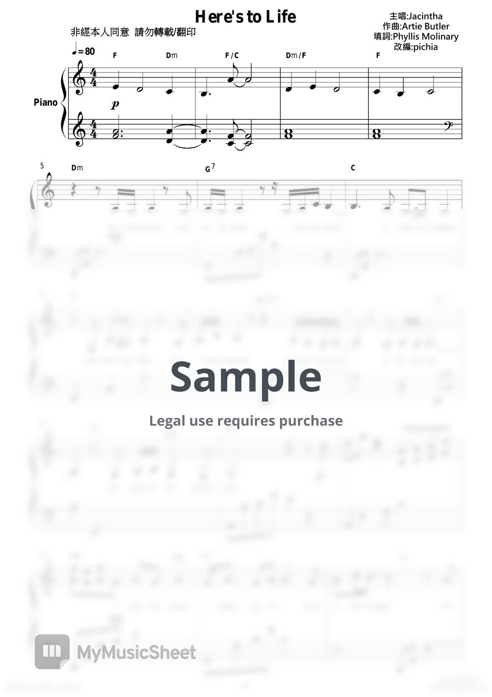 Artie Butler - Jacintha - Here's to Life(鋼琴獨奏譜 附英文歌詞,和弦 原調彈奏版-內含c及a小調兩種 ...