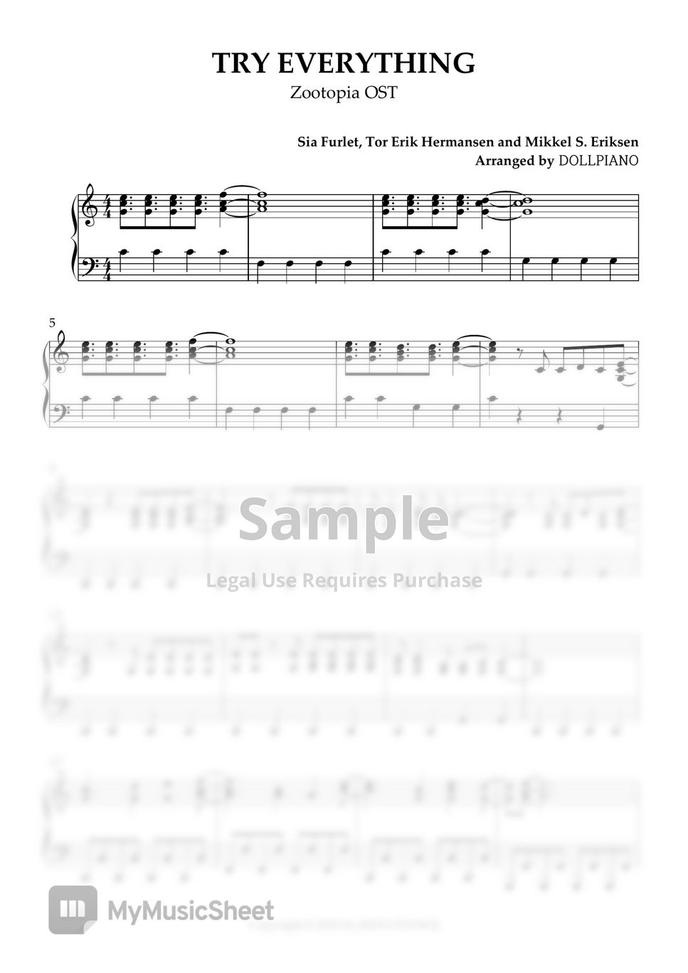 주토피아 OST - Try Everything (조표 없음, 체르니 30~40수준) แผ่น by DOLLPIANO