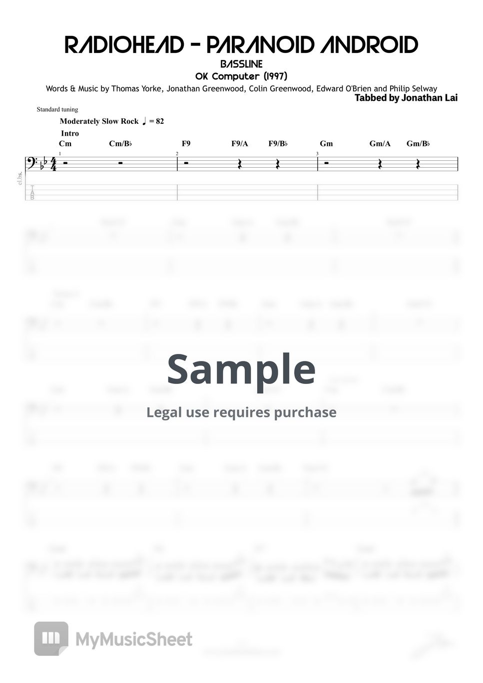 Radiohead - Paranoid Android (Bass Guitar Score) Sheet Music by ...