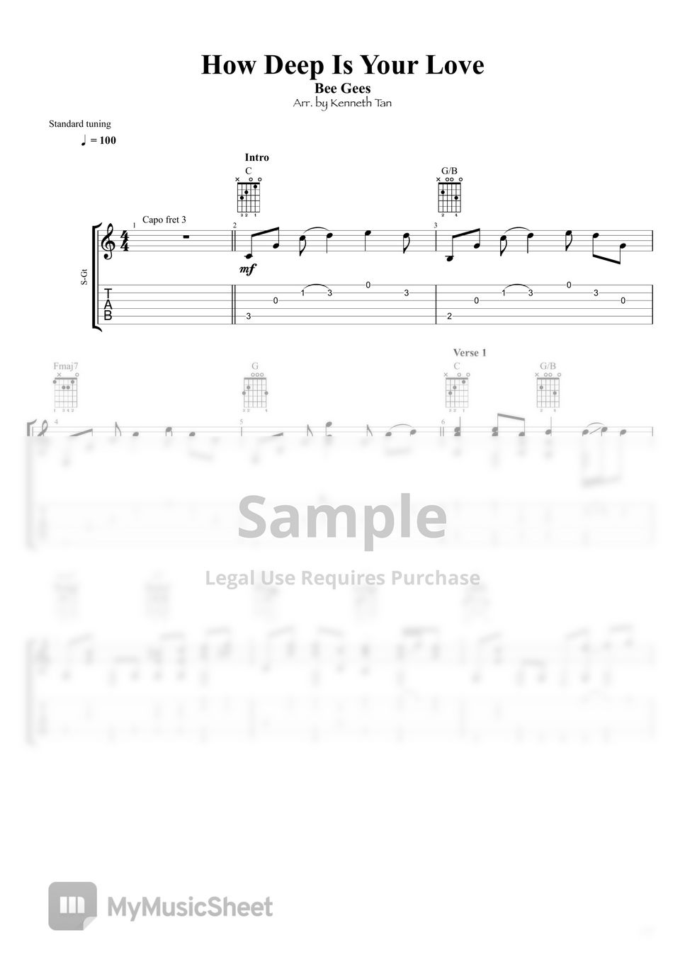 Bee Gees | Fingerstyle Guitar - How Deep Is Your Love 악보 by Kenneth ...