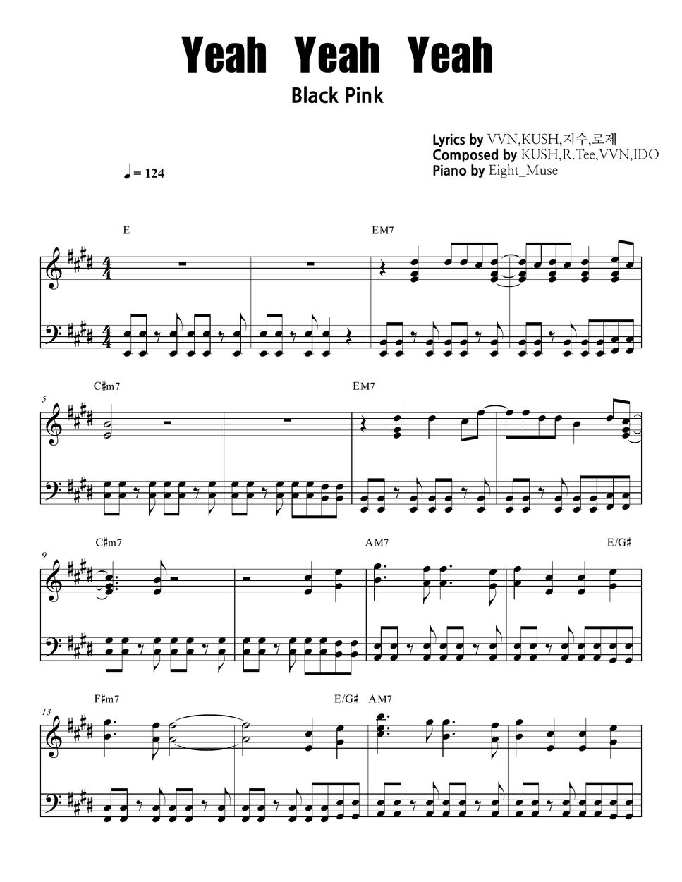 Black Pink(블랙핑크) - Yeah Yeah Yeah (원키 쉬운키 포함) Sheet by Eight_Muse