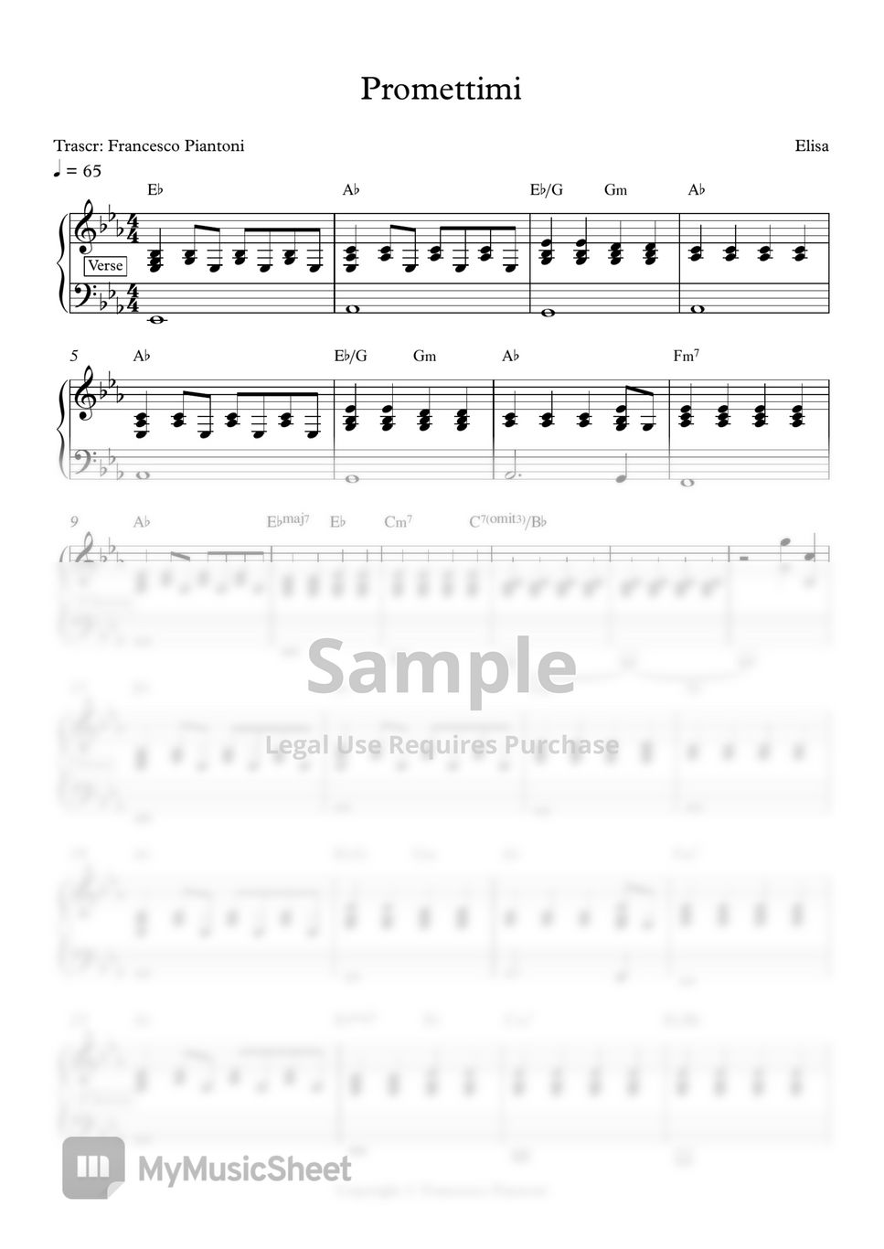 Elisa - Promettimi (spartito pianoforte) Sheets by Francesco Piantoni