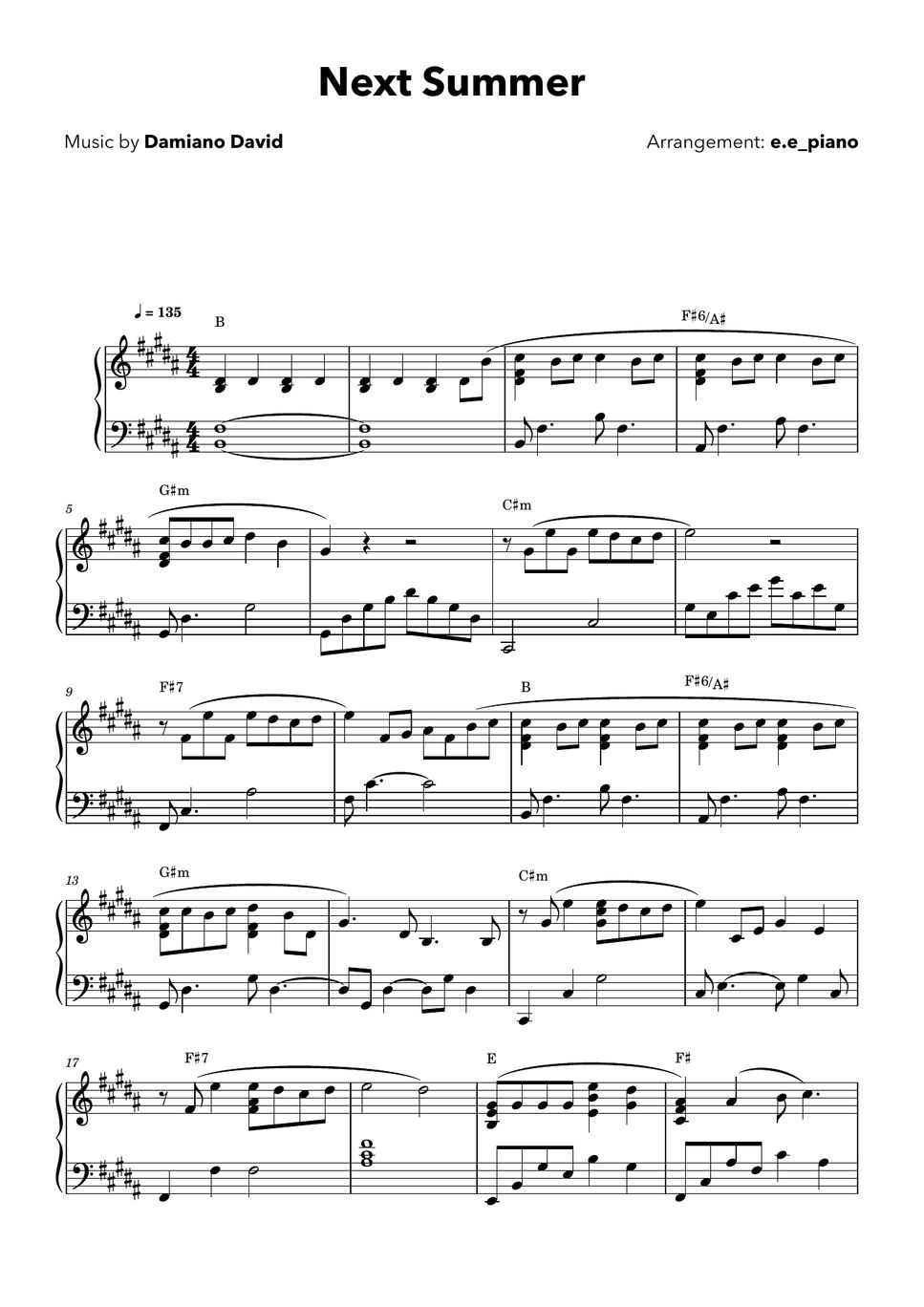 Damiano David - Next Summer Sheet Music by e.e_piano