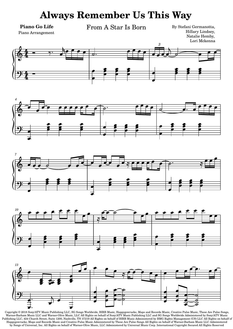 Lady Gaga - Always Remember Us This Way 楽譜 by Piano Go Life