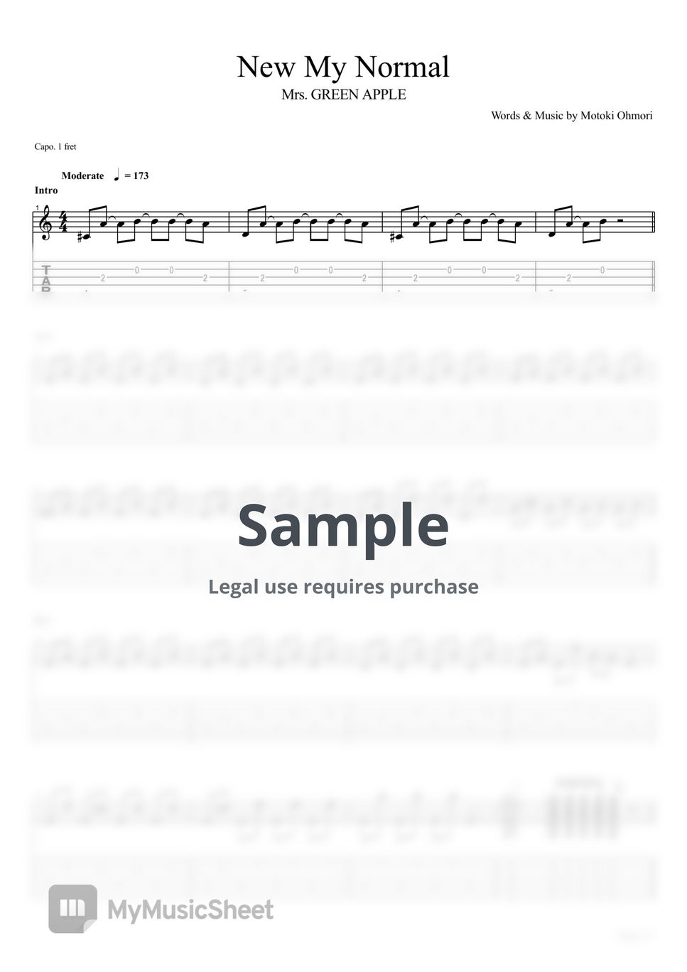 Mrs.GREEN APPLE - New My Normal【Guitar TAB/lead pert】 Tab + 1staff by ...