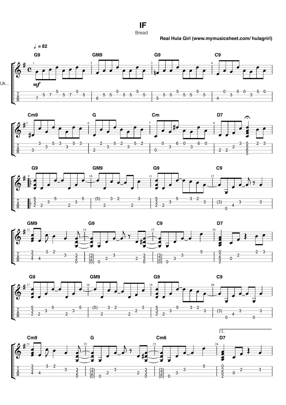Bread - If (Ukulele TAB) Sheet by Real HulaGirl