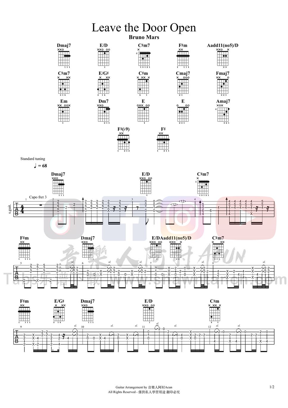 Bruno Mars - Leave The Door Open 樂譜 by Acun