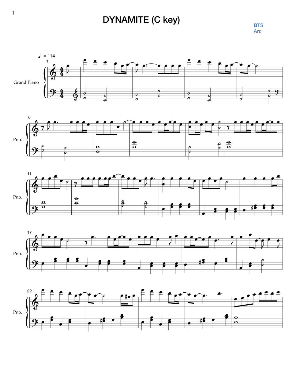 BTS - Dynamite-easy piano cover(C key) (쉬운버전) Partition musicale by ...