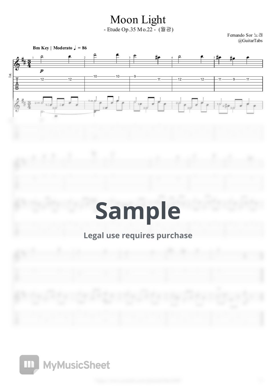 F. Sor - Moon Light(월광) (오선+타브+운지(Staff+TAB+Fingering)) Partitur by 624 ...