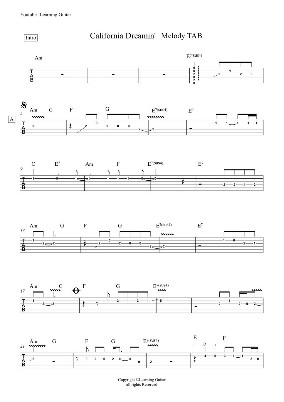 The Mamas&thepapas - California Dreamin' (Melody TAB) TAB by Learning Guitar