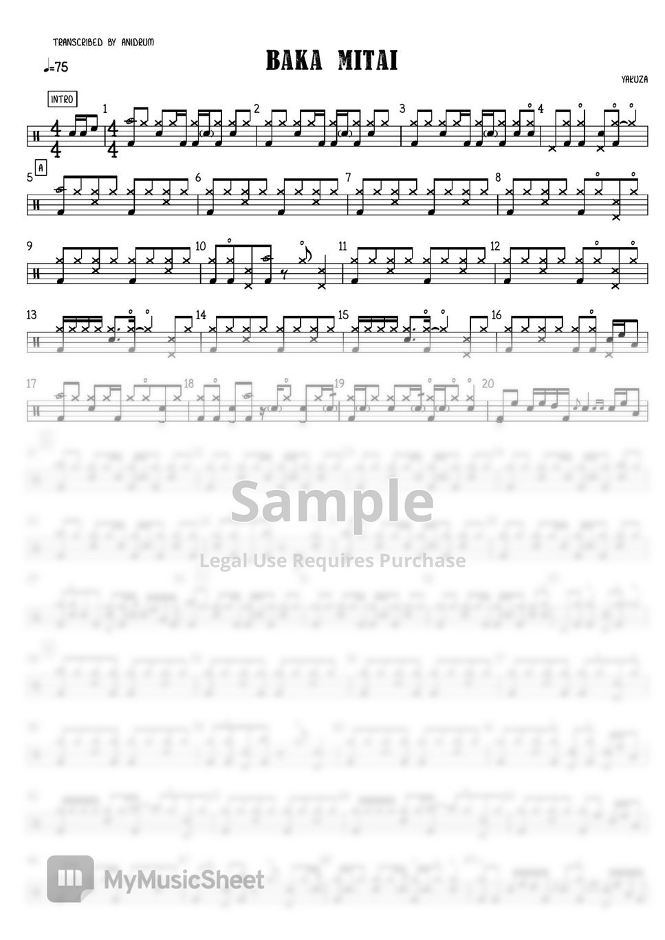 yakuza ost - baka mitai(바보같이) (용과 같이 ost) Bản nhạc by anidrums