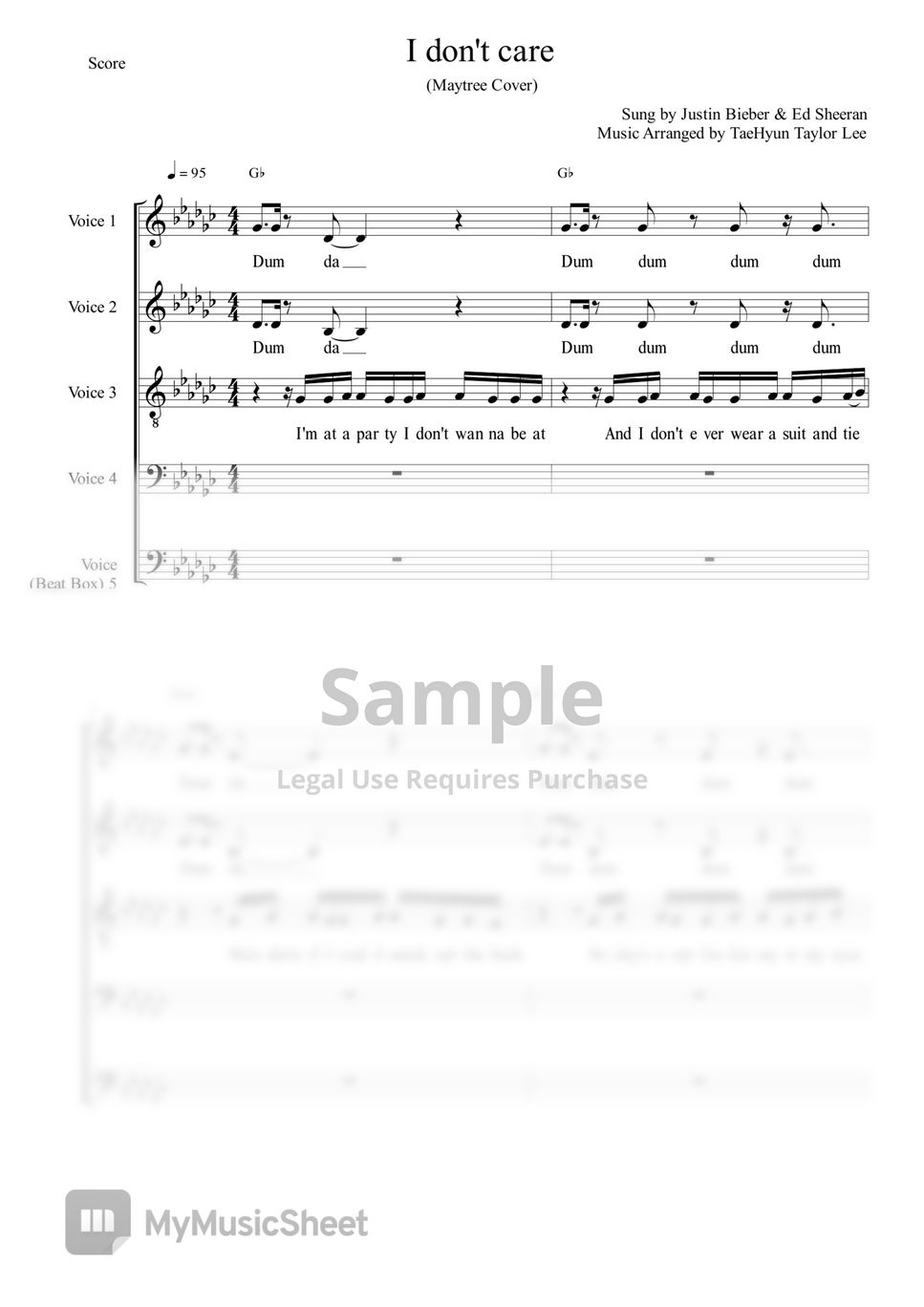 Justine Bieber - I don't care (메이트리 아카펠라 커버) 악보 by TaeHyun Taylor Lee