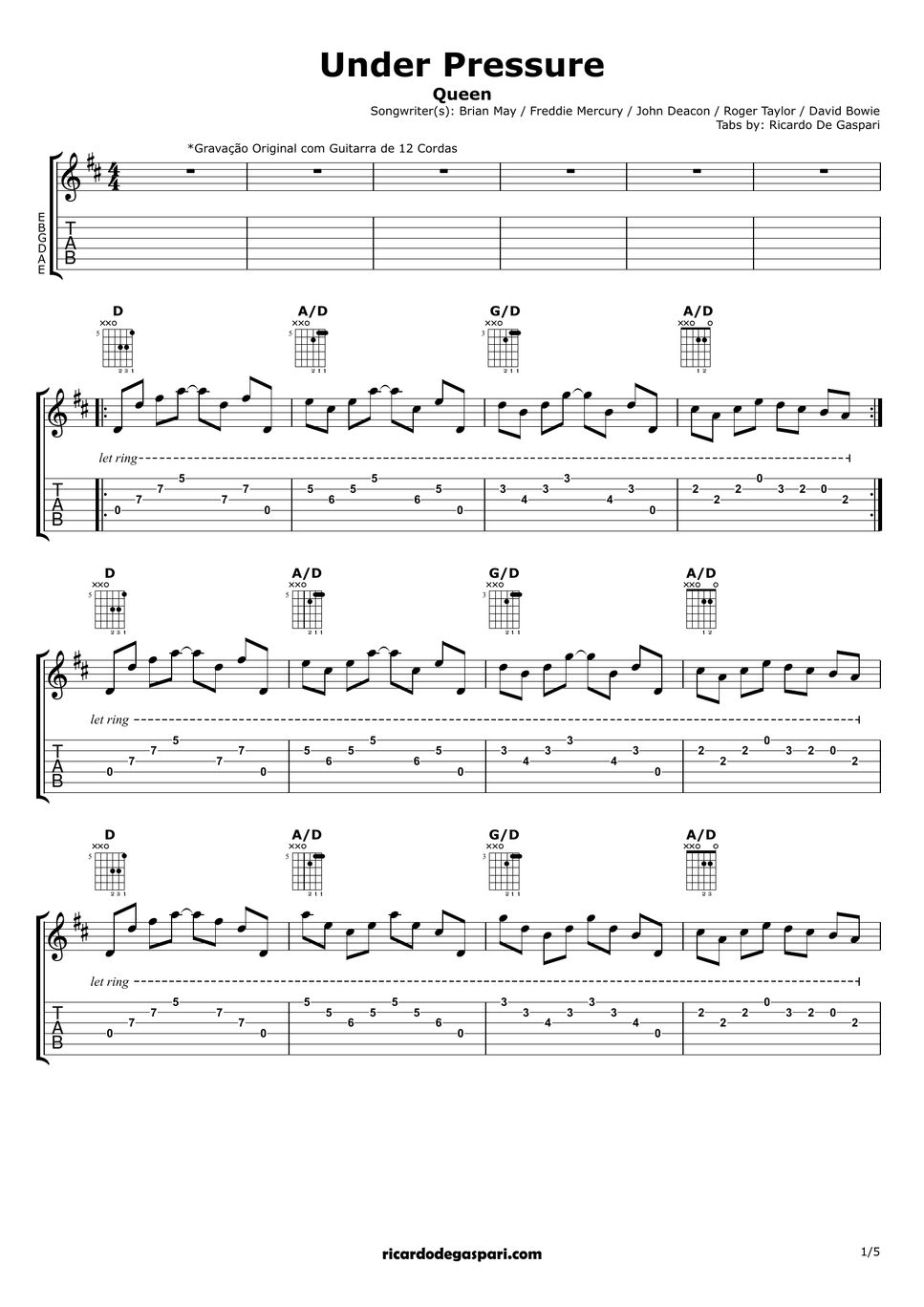 Queen - Under Pressure (for one guitar) TAB by Ricardo De Gaspari