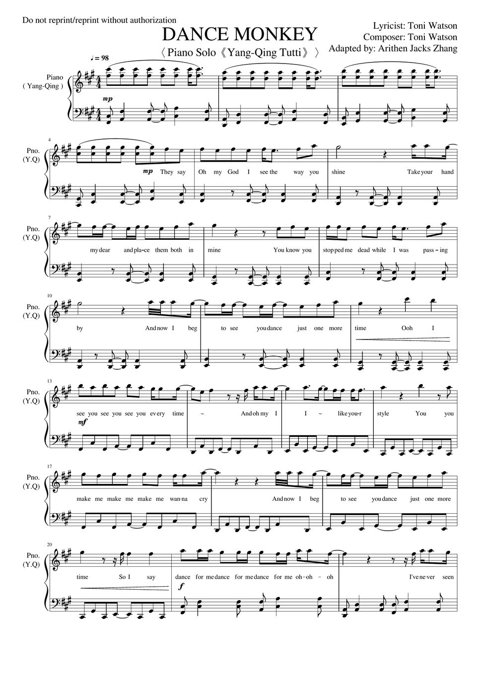 Tones and I - DANCE MONKEY (Piano, Yang-Qing) Sheet by Arithen Jacks ...