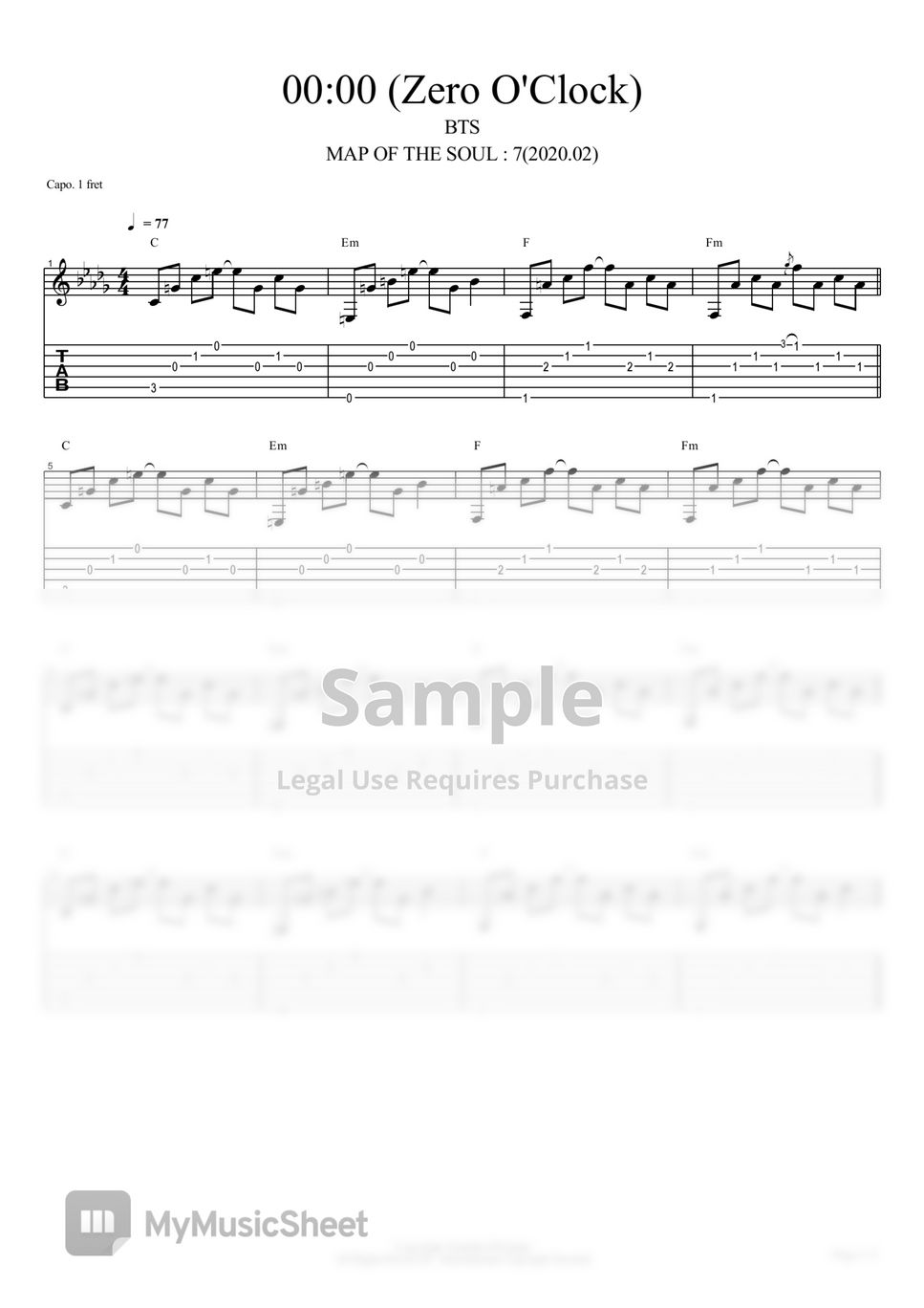 BTS - 00:00 (Zero O'Clock) Guitar 악보 by FFGuitar