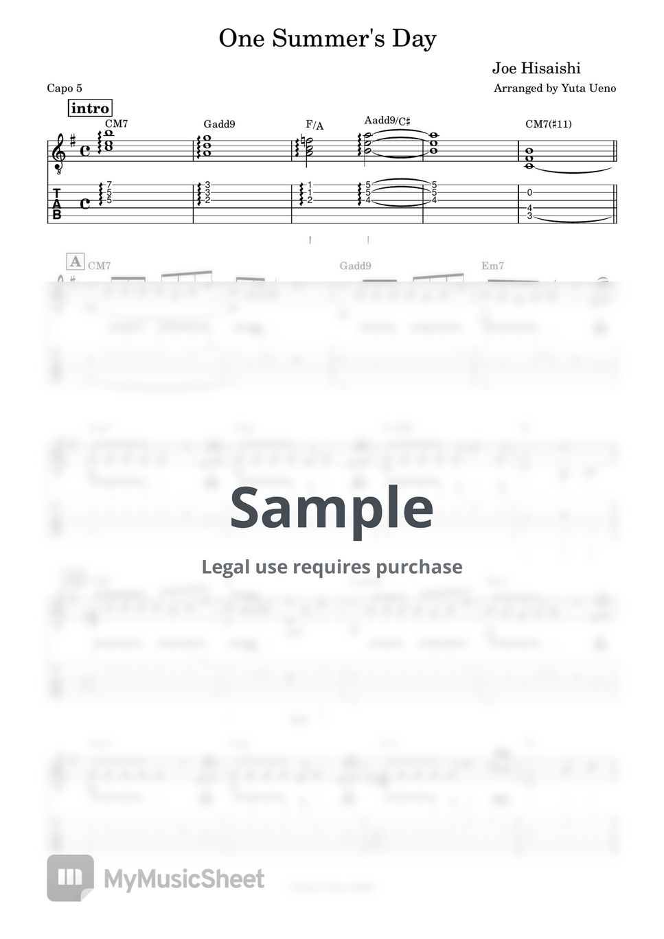Joe Hisaishi - One Summer's Day (Fingerstyle) แทป + บรรทัด 5 เส้น 1 ชุด ...