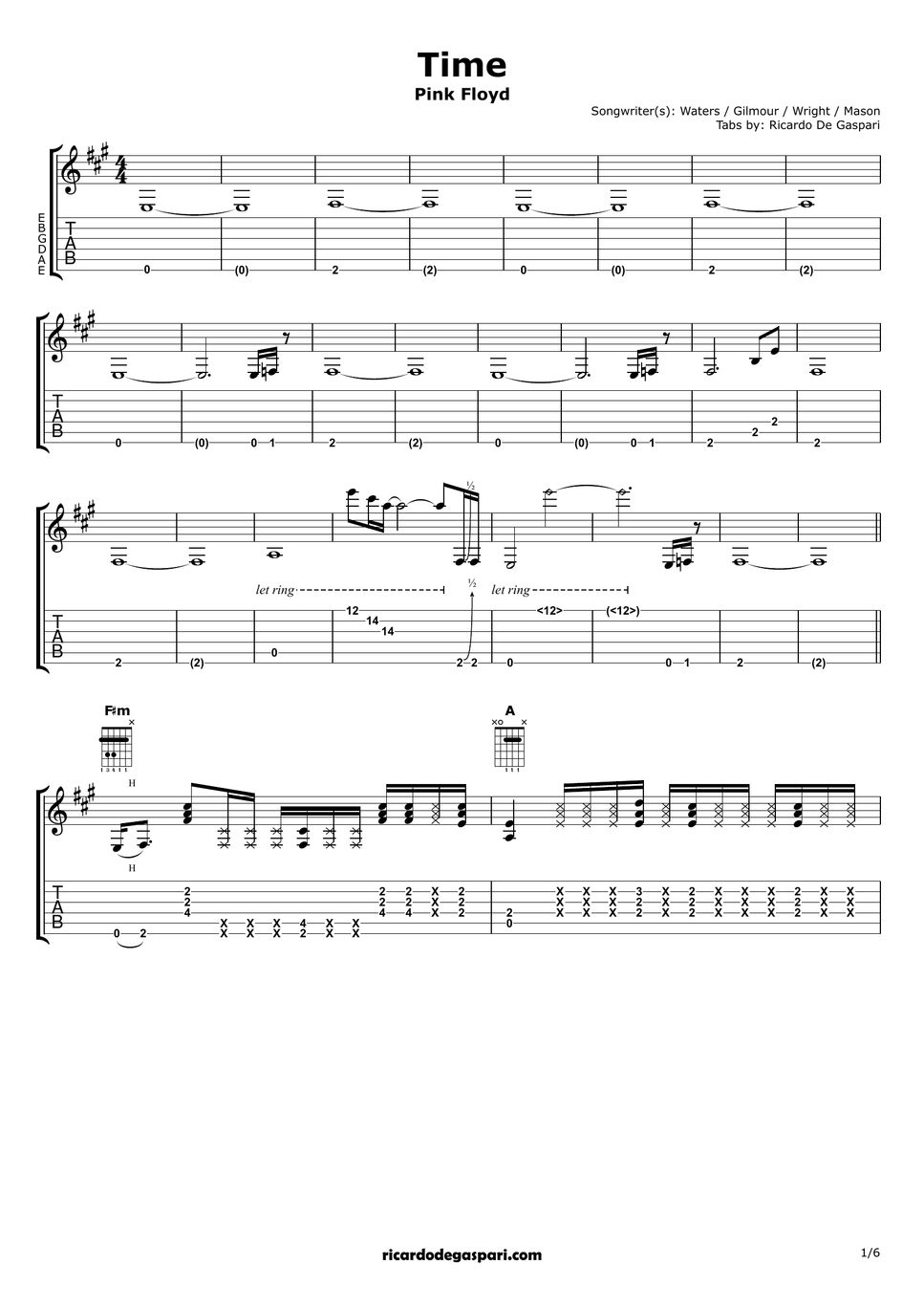 Pink Floyd - Time (for one guitar) Partitura by Ricardo De Gaspari