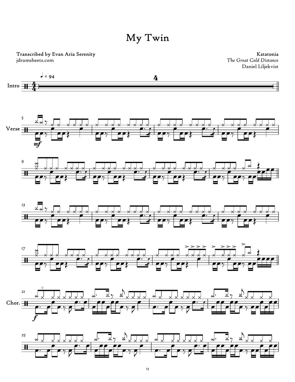 Katatonia - My Twin 악보 by Jaslow Drum Sheets