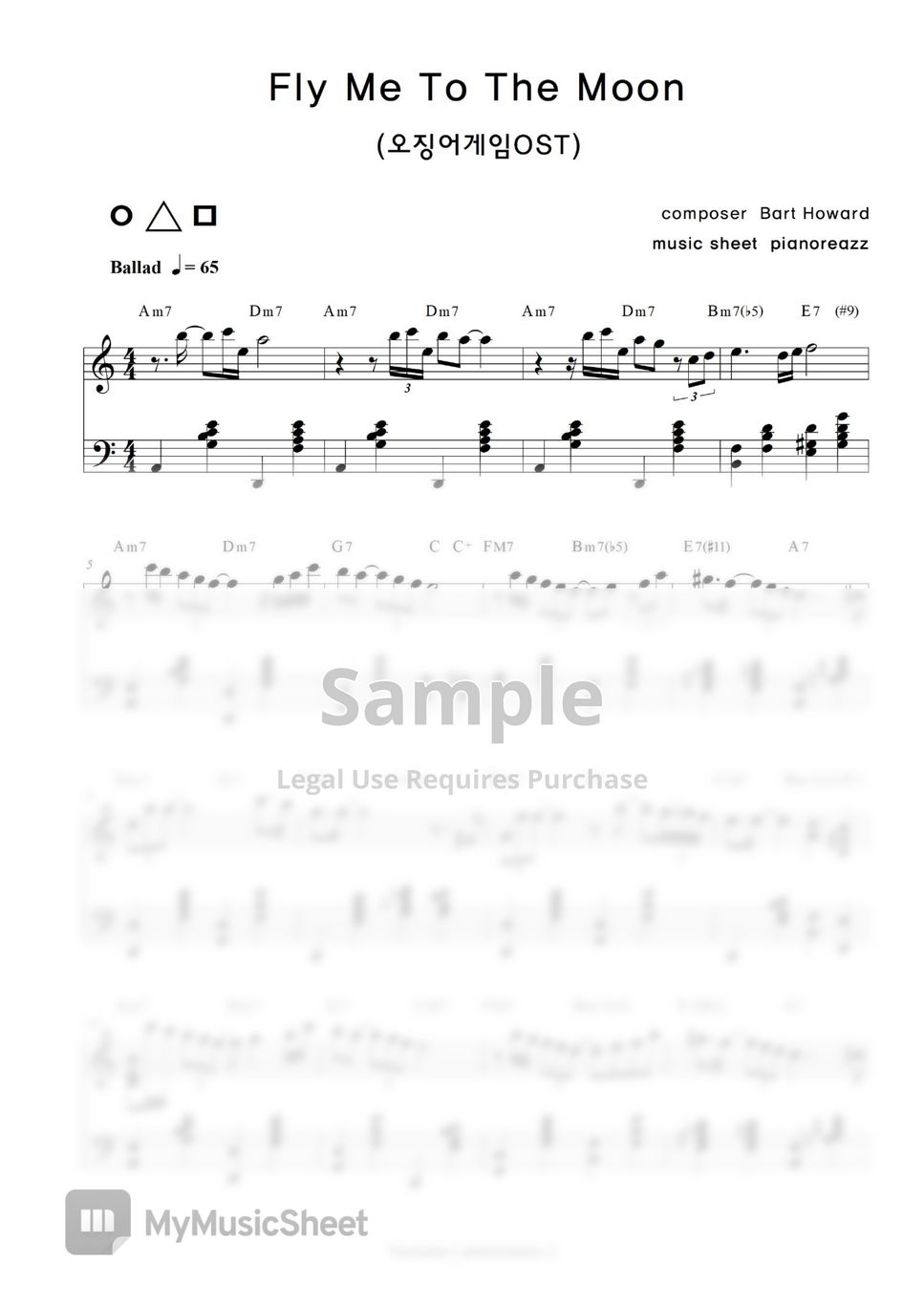 Bart Howard - Fly Me To The Moon. Squid Game OST (easy key) 악보 by ...