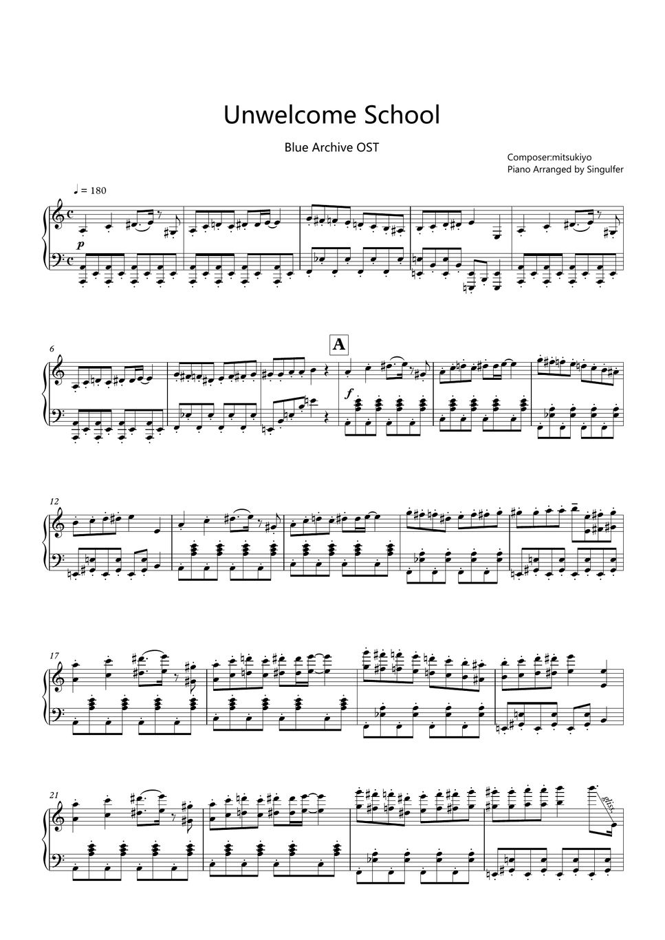 碧蓝档案 - Unwelcome School (钢琴版) Sheet by Singulfer-小言